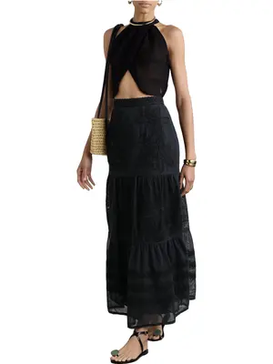 EMPORIO SIRENUSE Elda Tiered Embellished Embroidered Cotton-mesh Maxi Skirt
