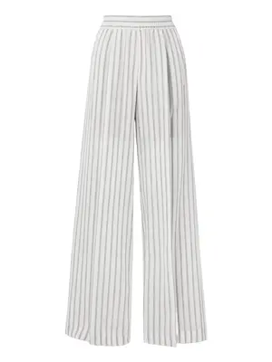 Brunello Cucinelli Pleated Striped Cotton And Silk-blend Wide-leg Pants - Gray