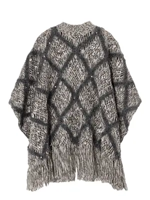 Brunello Cucinelli Fringed Sequin-embellished Argyle Open-knit Turtleneck Sweater - Gray