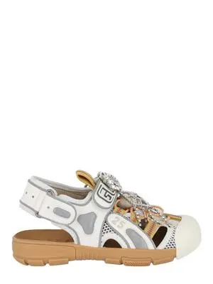 Gucci Tinsel Sport Sandals With Crystal Embellishment - White/grey/beige