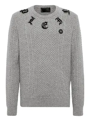 Philipp Plein Logo-appliqué Cable-knit Jumper - Grey