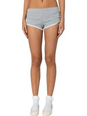 EDIKTED Kadence Ruched Lace Trim Shorts - Gray Melange