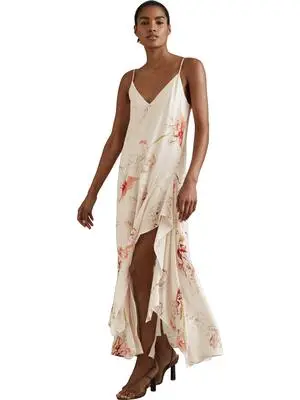 REISS Melody Floral Print Midi Dress - Ivory/coral