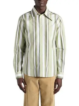 Bottega Veneta Stripe Cotton & Linen Button-up Shirt - Pale Green/ White