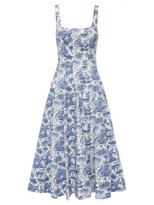 Staud Wells Printed Cotton Poplin Midi Dress - Blue