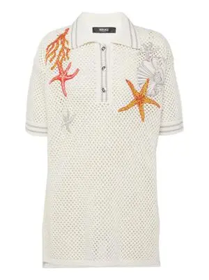Versace Embroidered Crochet Cotton Polo Shirt - White