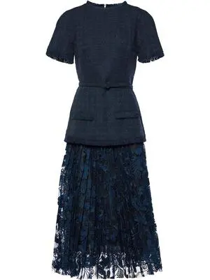 Oscar De La Renta Wool-blend Tweed And Lace Midi Dress - Blue