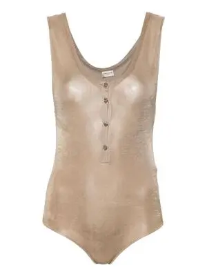 Saint Laurent Sleeveless Scoop Neck Silk Bodysuit With Metallic Finish - Neutrals