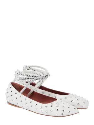 Amina Muaddi Ane Crystal-embellished Leather Flats - White
