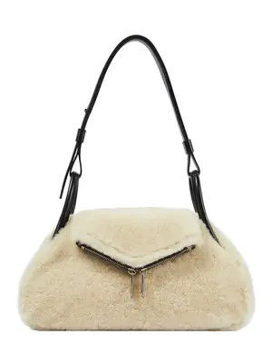 Amina Muaddi Gemini Small Shearling Shoulder Bag - Beige