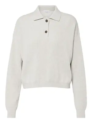 Brunello Cucinelli Ribbed-knit Cotton Polo Sweater - White