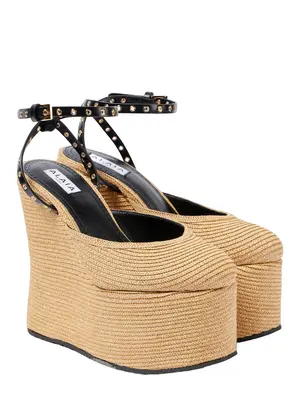 Alaïa La Leather-trimmed Paper Straw Wedges - Beige