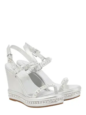 CHRISTIAN LOUBOUTIN Pyrastrass Metallic Leather Wedge Sandals - Silver