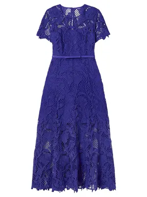 SELF-PORTRAIT Belted Guipure Lace Midi Dress - Blue