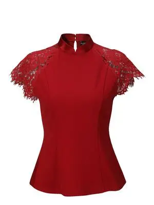 Shanghai Tang Lace-detail Satin Blouse - Red