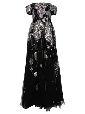 SAIID KOBEISY Off-shoulder Beaded Tulle Dress - Black