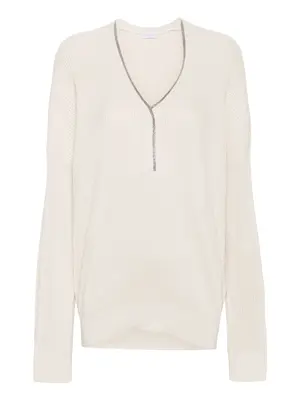 Brunello Cucinelli Ribbed Jumper With Monili Chain - Neutrals
