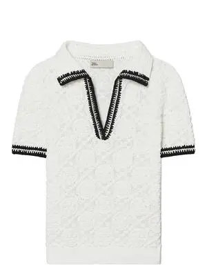 Tory Burch Cotton Pointelle Knitted Polo Shirt - White