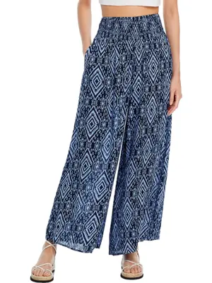 Aqua Ikat Print Smocked Waist Pants Eclipse