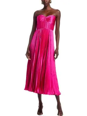 AMUR Ruched Bustier Pleated Dress - Shocking Pink