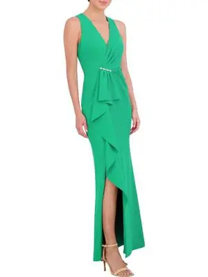 Eliza J Cascade Ruffle Sleeveless Gown - Green