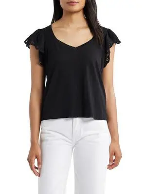 Wit & Wisdom Eyelet Flutter Sleeve Jersey T-shirt - Black/ Black