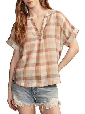 Lucky Brand Stripe Dolman Sleeve Pullover Top - Brown Pink Plaid