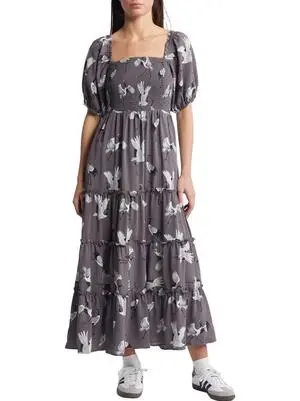 DRESSED IN LALA Crane Print Maxi Dress - Grey Crane