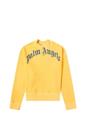 Palm Angels Vintage Wash Curved Logo Crew - Yellow