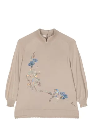 Shiatzy Chen Floral-embroidered Split-neck Jumper - Brown