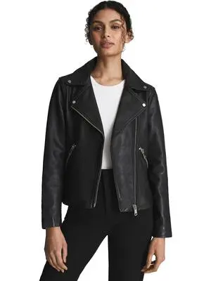 REISS Grays Leather Biker Jacket - Black