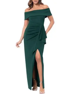 XSCAPE EVENINGS Side Ruffle Off-the-shoulder Scuba Knit Gown - Hunter