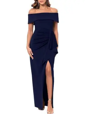 XSCAPE EVENINGS Side Ruffle Off-the-Shoulder Scuba Knit Gown Navy