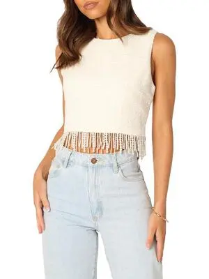 PETAL & PUP Milana Tweed Bead Fringe Sleeveless Top - Cream