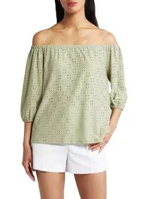 Loveappella Eyelet Off-the-shoulder Top - Sage
