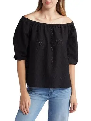 Loveappella Off The Shoulder Eyelet Top - Black