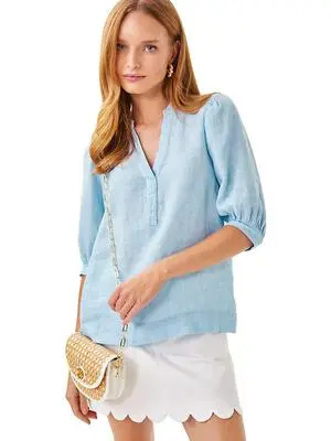 LILLY PULITZER Mialeigh Linen Top Blue Peri X Resort White