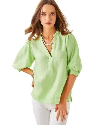 LILLY PULITZER Mialeigh Linen Top Jade Lime X Resort White