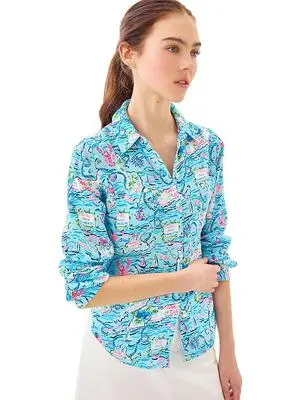 LILLY PULITZER Sea View Linen Button-Down Shirt Bali Blue Lilly Loves Cape Cod