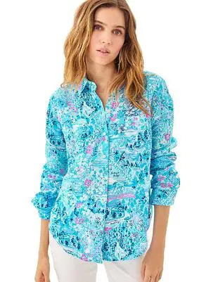 LILLY PULITZER Sea View Linen Button-Down Shirt Blue Peri Lilly Loves North Carolina