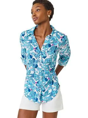 LILLY PULITZER Sea View Linen Button-Down Shirt Capri Blue North Carolina Destination