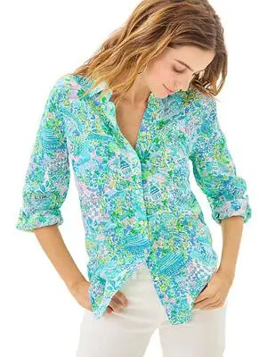 LILLY PULITZER Sea View Linen Button-Down Shirt Surf Blue Lilly Loves South Carolina