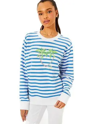 Lilly Pulitzer® Relaxed Cotton Sweatshirt Blue Stream Stripe Twin Palms Embellishment