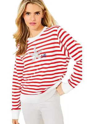 Lilly Pulitzer® Relaxed Cotton Sweatshirt Rococo Red Coastal Stripe Starfish Embellishment