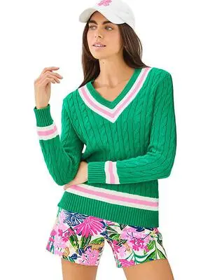 LILLY PULITZER Cable Knit V-Neck Cotton Sweater Kitts Green X Pink Bliss Tipping