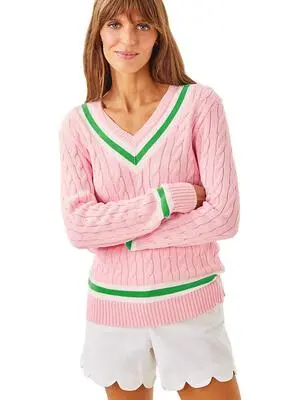 LILLY PULITZER Cable Knit V-Neck Cotton Sweater Pink Muse X Fauna Green Tipping