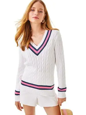 LILLY PULITZER Cable Knit V-Neck Cotton Sweater Resort White X Rousseau Pink Tipping