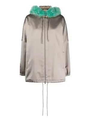 Gucci Fur-trimmed Satin Parka Coat - Grey
