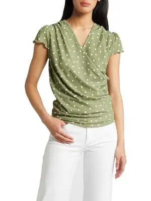 Loveappella Polka Dot Faux Wrap T-shirt - Sage