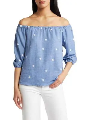 Loveappella Polka Dot Off-the-shoulder Top - Chambray